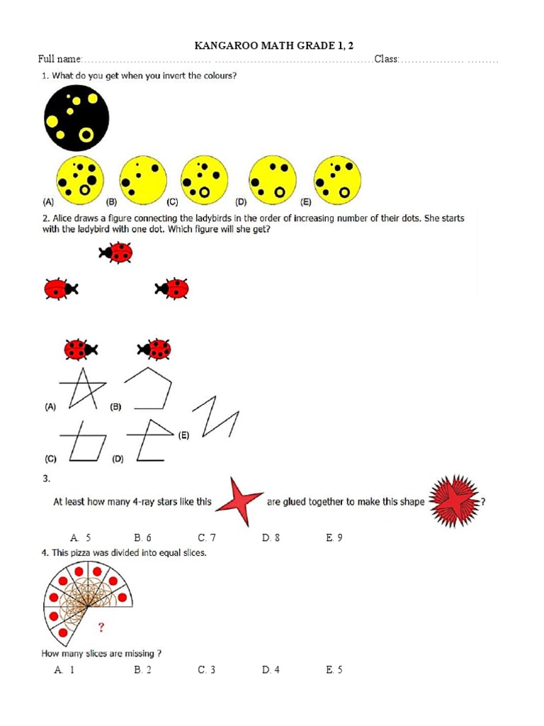 Full Name: Class: : Kangaroo Math Grade 1, 2 | PDF