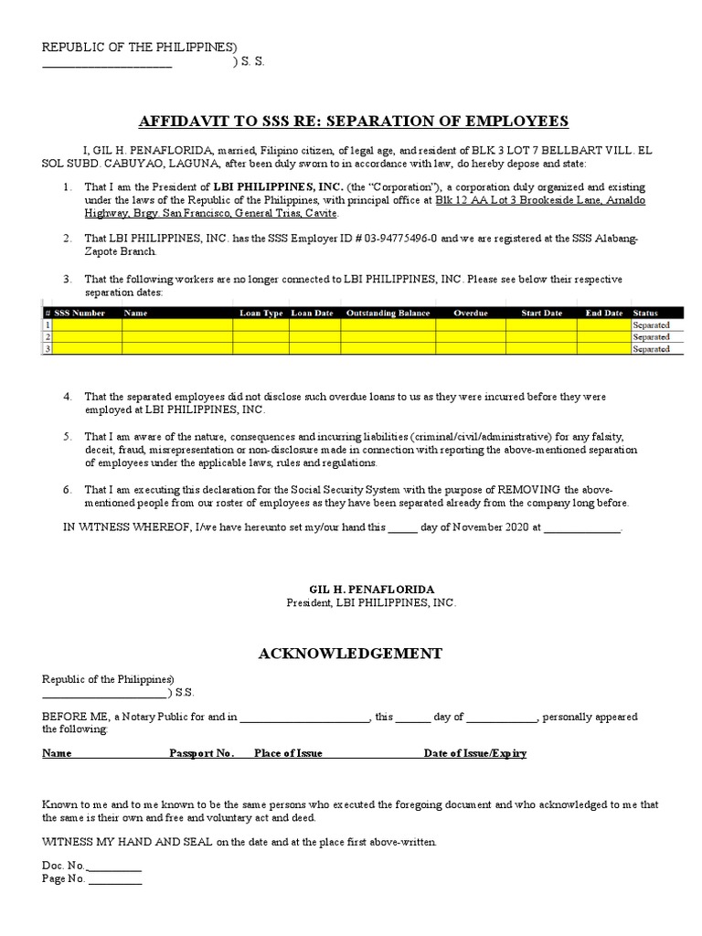 Affidavit To Sss Re: Separation of Employees: Republic of The ...