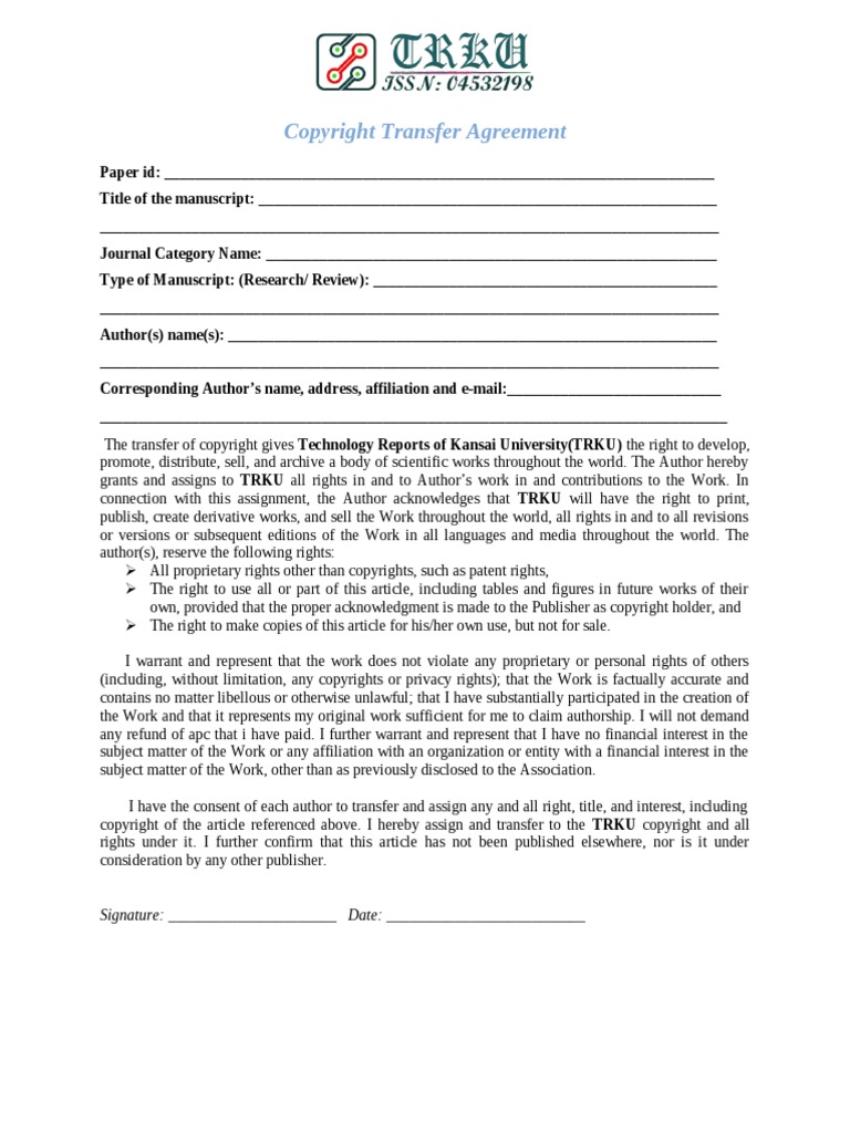 Copyright Agreement Form | PDF | Copyright | Publishing