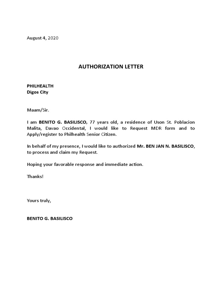PhilHealth authorization letter for new ID and senior registration | PDF