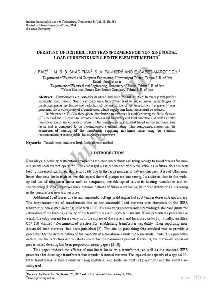 Archive of SID: Derating of Distribution Transformers For Non-Sinusoidal Load Currents Using ...