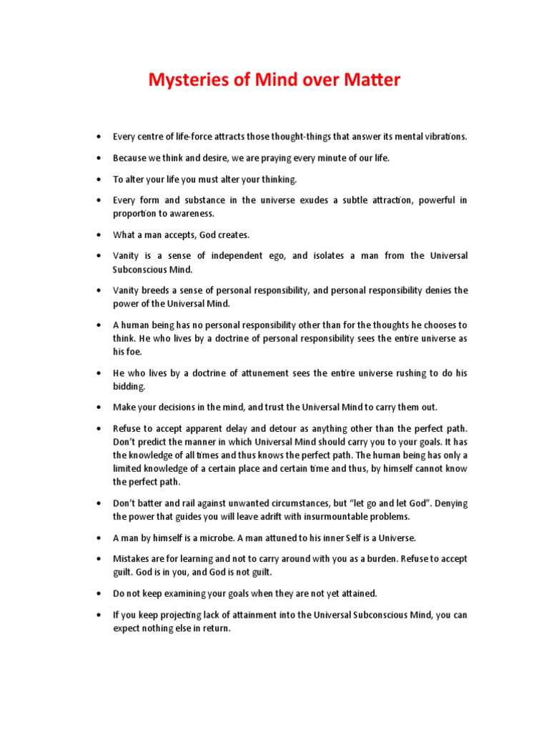 Mysteries of Mind Over Matter | PDF | Thought | Prayer