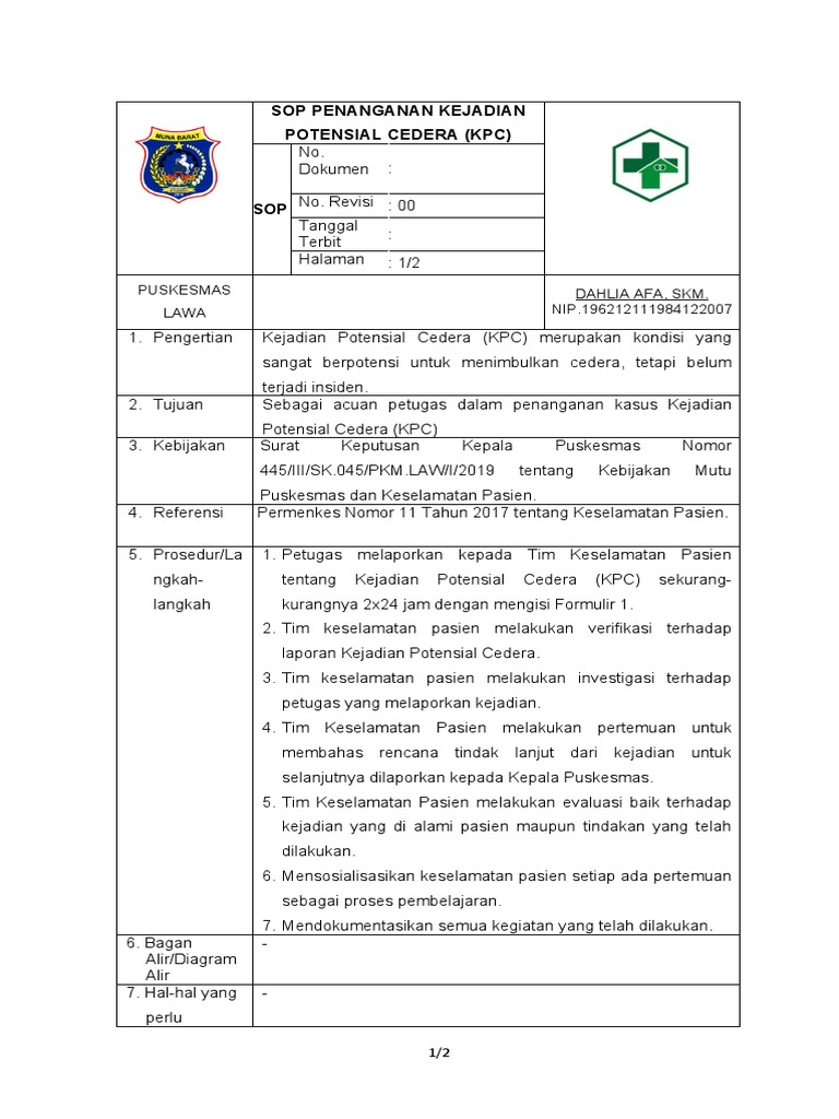 Sop Penanganan Kejadian Potensial Cedera | PDF