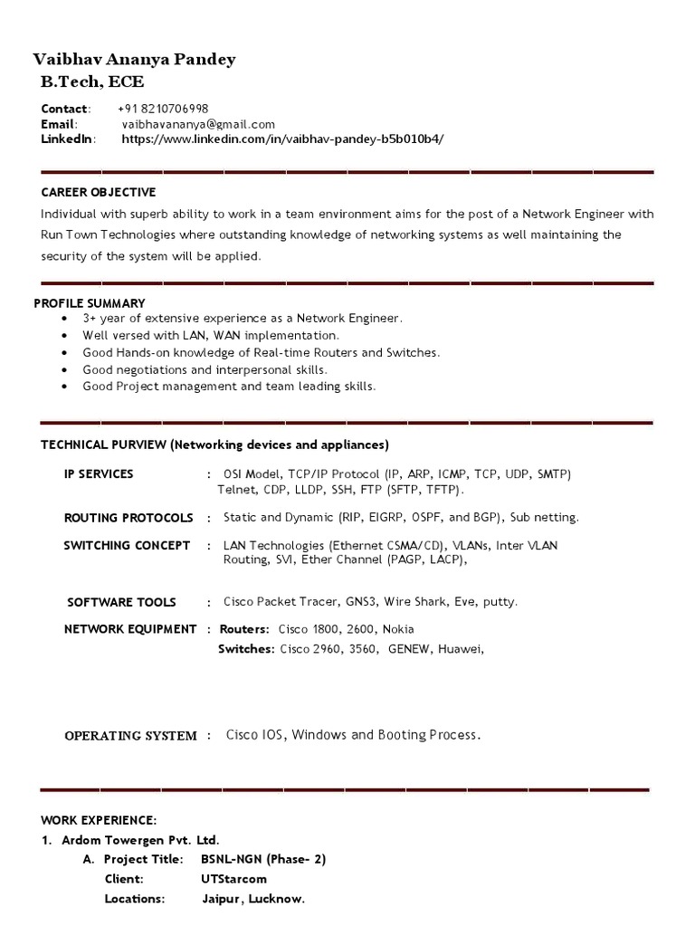 Network Engineer Resume of Vaibhav Ananya Pandey Highlighting 3+ Years ...