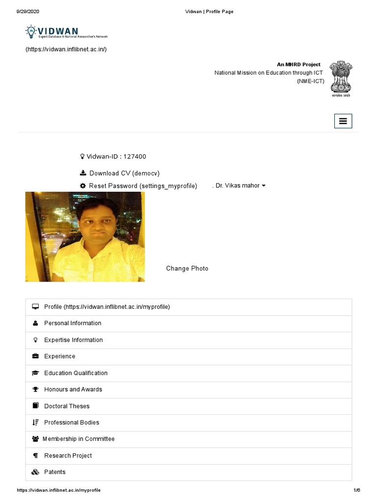 Vidwan-ID: 127400 Download CV (Democv) Reset Password (Settings ...