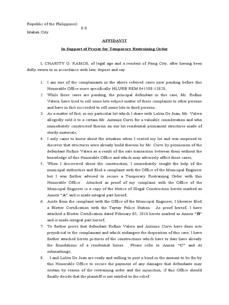 Affidavit in Support of The Temporary Restraining Order | PDF ...