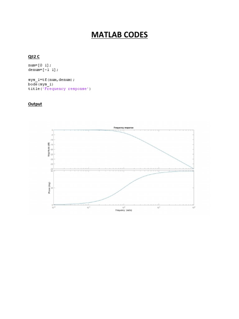 Matlab Codes: Num (0 1) Denum (-1 1) Sys - 1 TF (Num, Denum) Bode (Sys ...