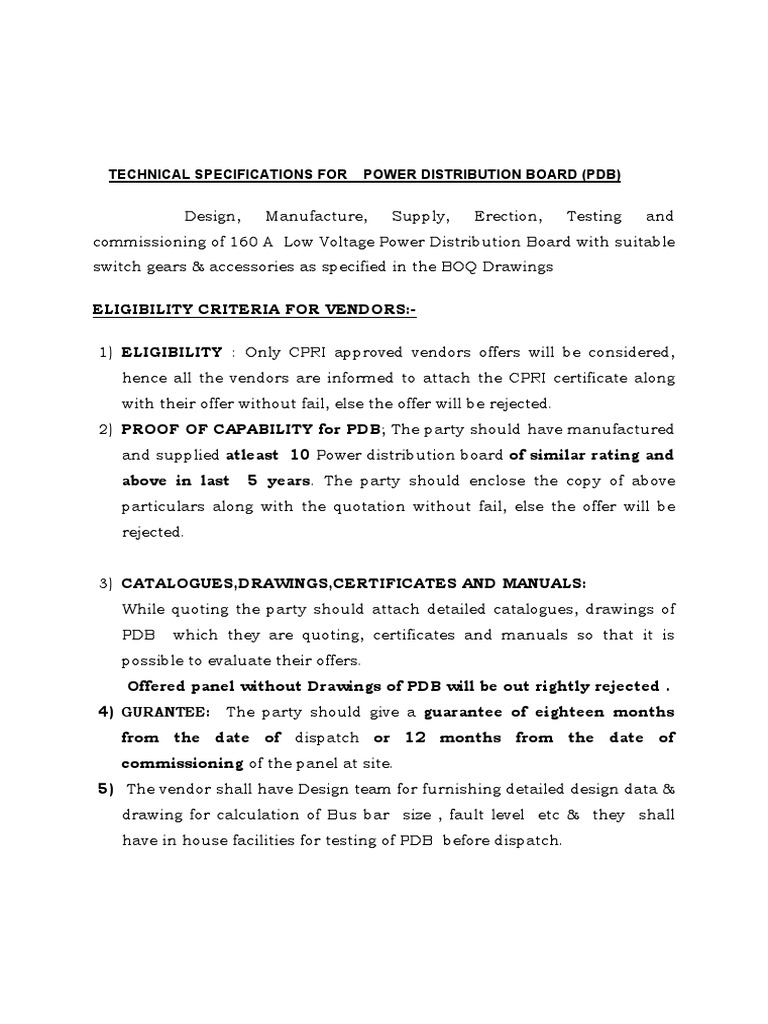 Technical Specifications For Power Distribution Board (PDB) | PDF ...