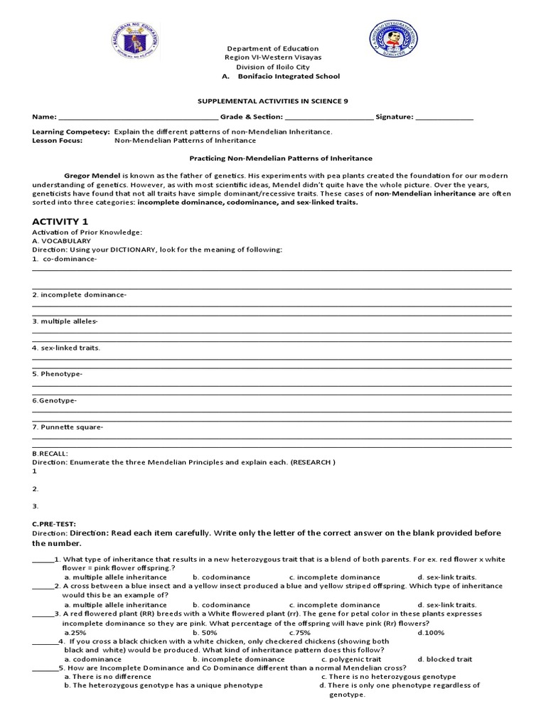 Science Activity Sheets | PDF | Dominance (Genetics) | Allele