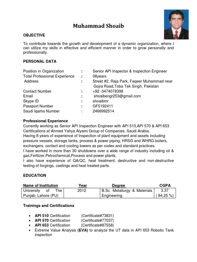 Muhammad Shoaib, S Resume (API 510-API 570-API 653) | PDF ...