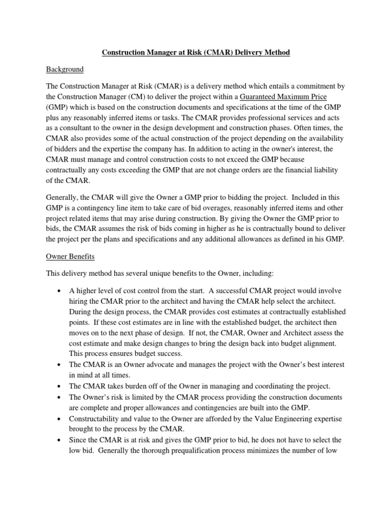 An Overview of the Construction Manager at Risk (CMAR) Delivery Method ...
