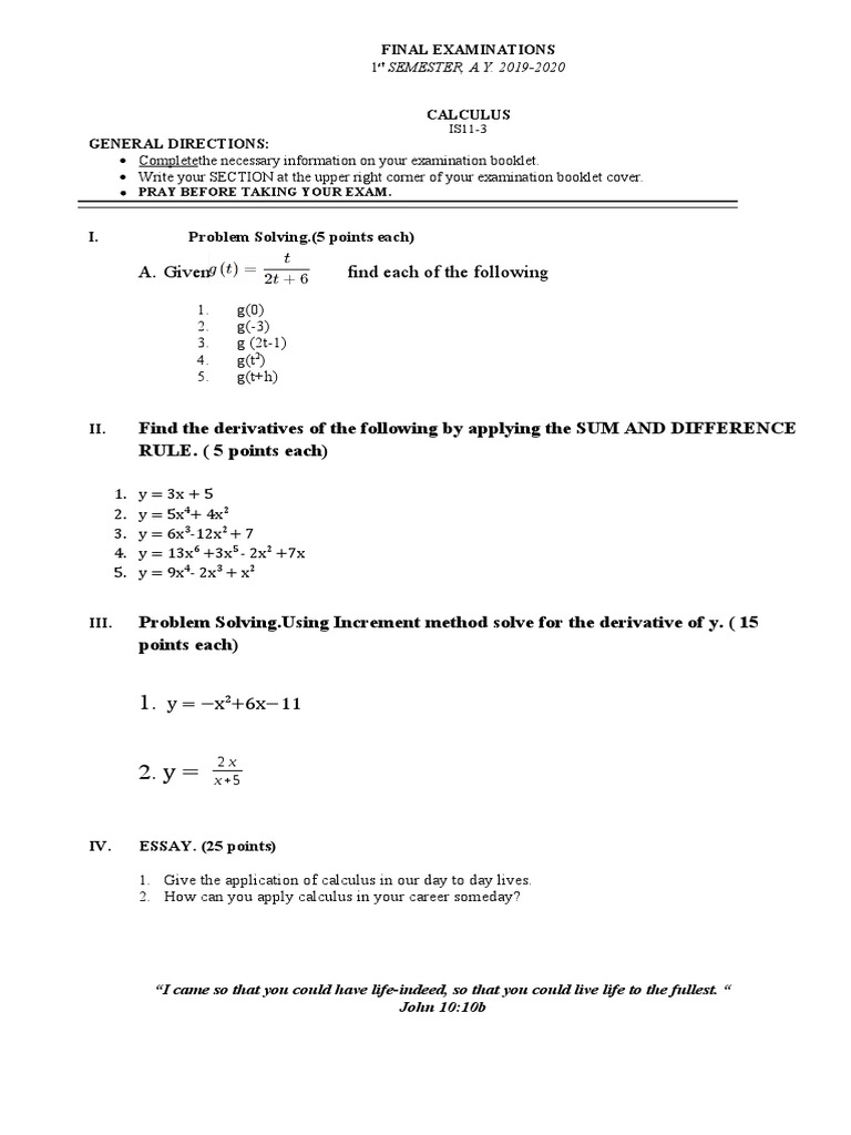 CALCULUS Sample Exam | PDF