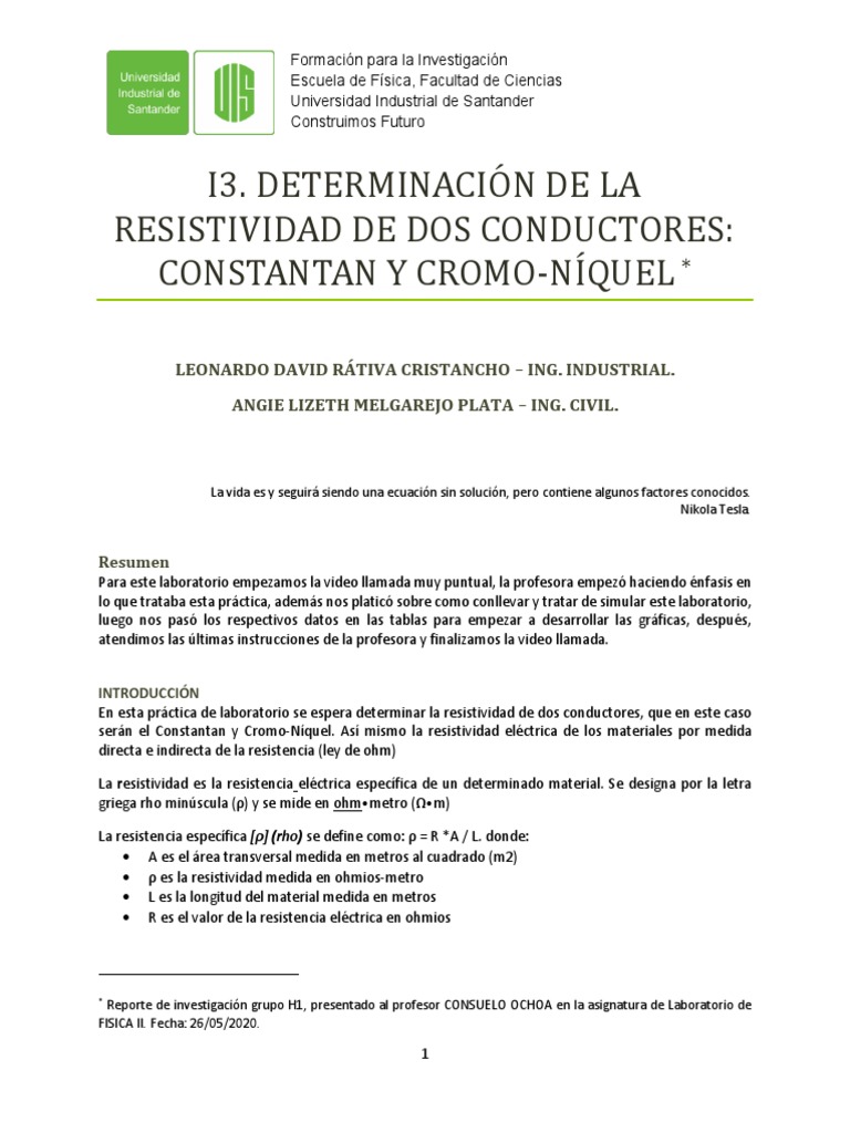 Determinación experimental de la resistividad de dos conductores: Constantan y Cromo-Níquel ...