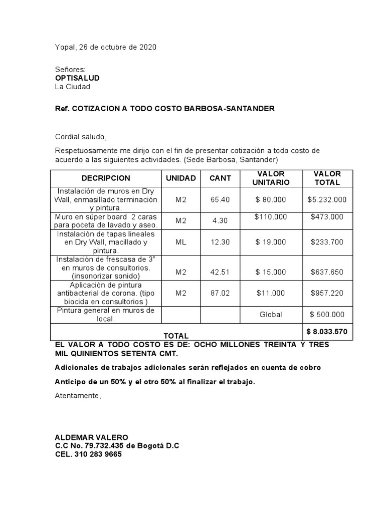 Cotizacion A Todo Costo Aldemar | PDF