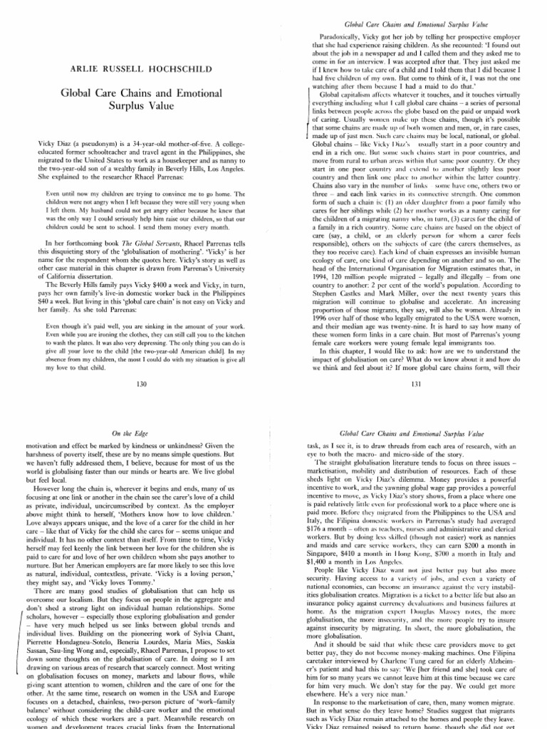 Global Care Chains and Emotional Surplus Value: Arlie Russell ...