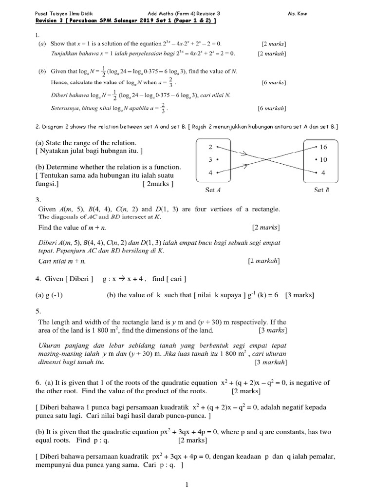 Form 4 Add Maths Ulangkaji 3 Bab 1 To 10 | PDF | Quadratic Equation | Space