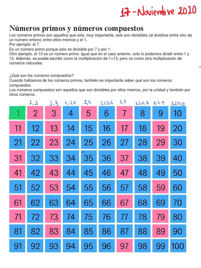 Hoja De Números Primos Y Compuestos