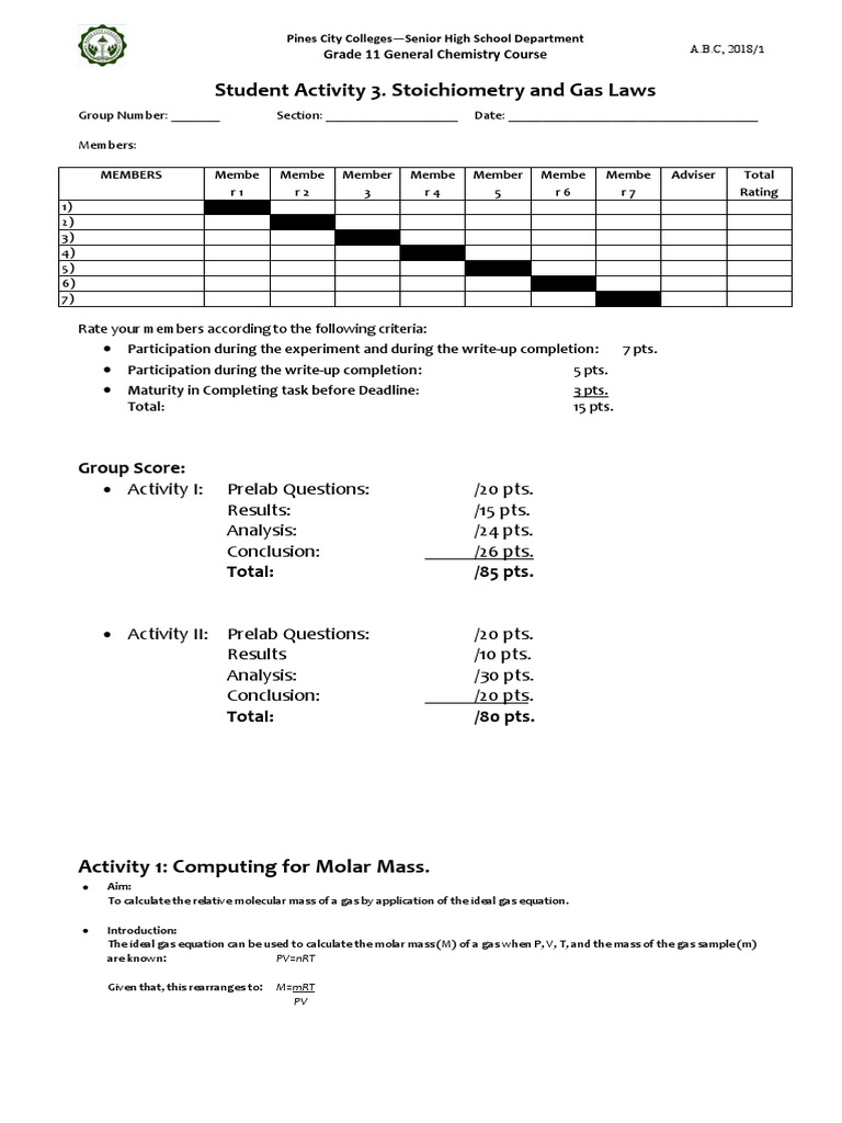 Stoichiometry and Gas Laws Activities | PDF | Gases | Diffusion