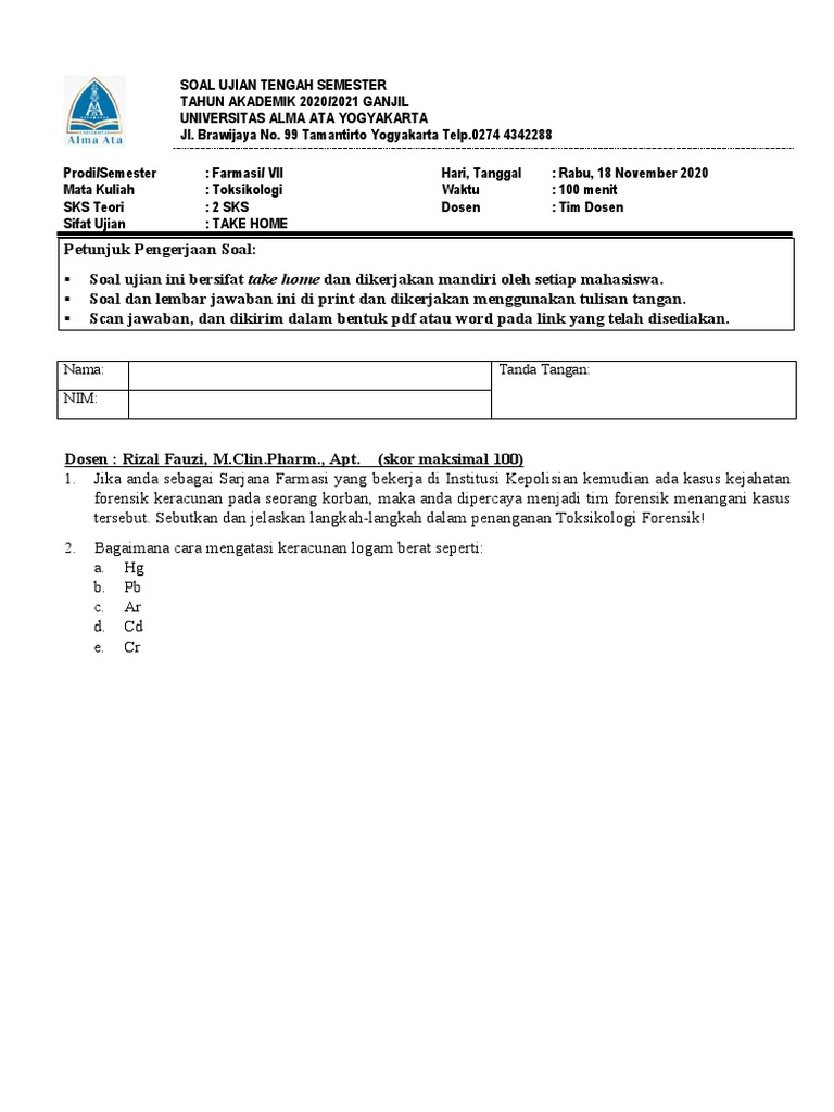 Soal UTS Toksikologi - Pak Rizal (Take Home) | PDF | Pengembangan Diri | Kesehatan Holistik
