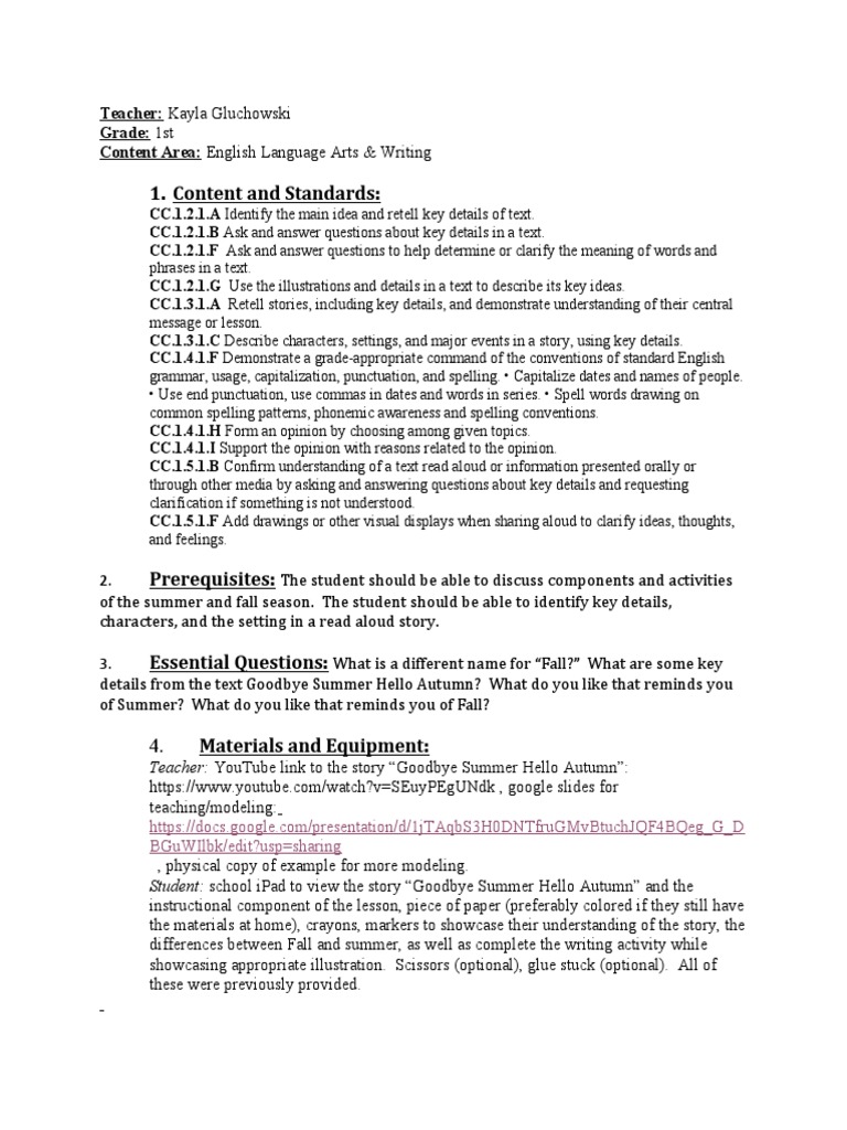 Goodbye Summer, Hello Autumn Lesson | PDF | Differentiated Instruction ...