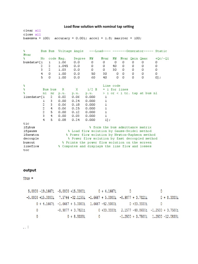 Load Flow Solution With Nominal Tap Setting: Output | PDF | Mathematical Analysis | Computer ...