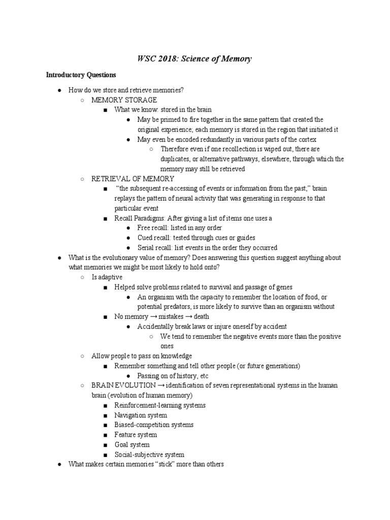 WSC 2018: Science of Memory: Introductory Questions | PDF | Schema ...