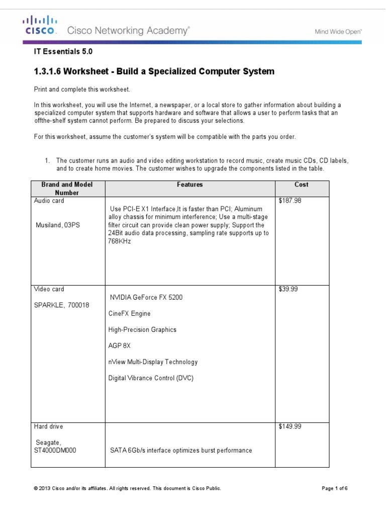 1.3.1.6 Worksheet - Build A Specialized Computer System: IT Essentials ...