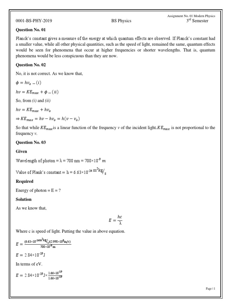 Question No. 01: Assignment No. 01 Modern Physics | PDF | Electronvolt | Photon