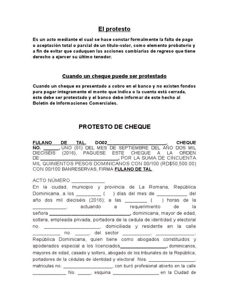 Ejemplo de Un Protesto de Cheque | PDF | Cheque | Bancos