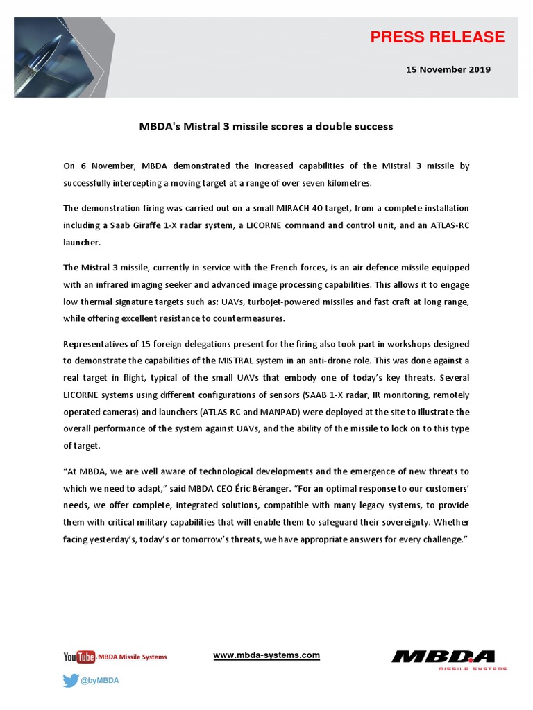 Press Release: MBDA's Mistral 3 Missile Scores A Double Success | PDF ...