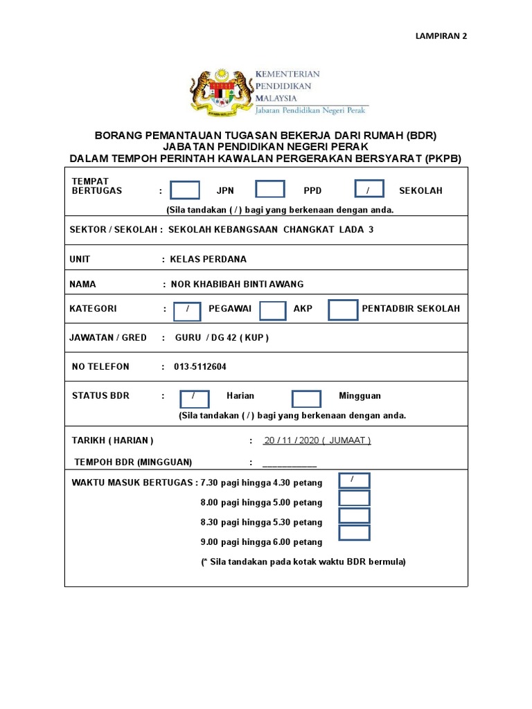 Lampiran 2 - Borang Pemantauan BDR JPN Perak - Jumaat M2 | PDF