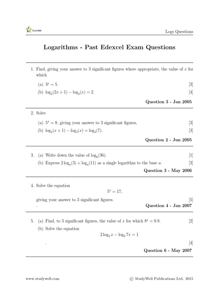 Logarithms Past Edexcel Exam Questions C Studywell Publications Ltd