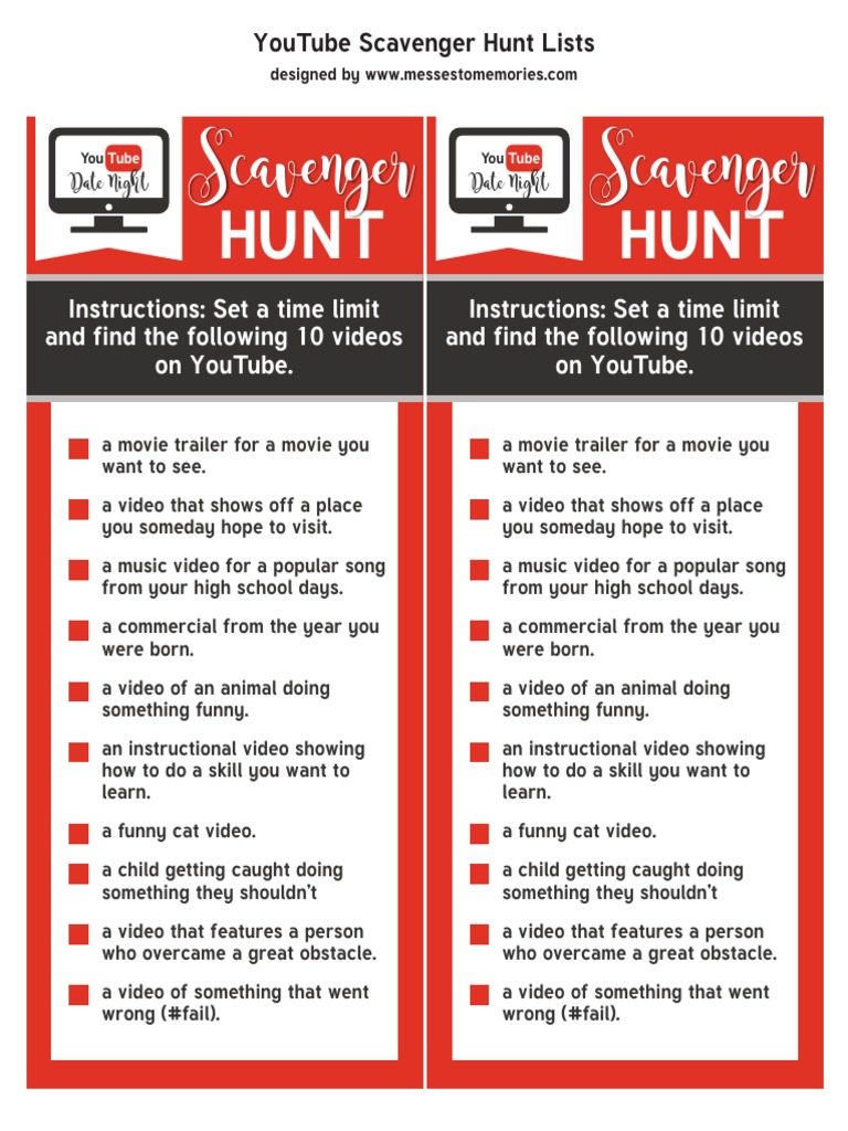YouTube Scavenger Hunt Guide | PDF | Entertainment (General)