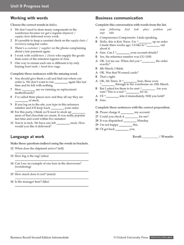 BR2e Intermediate Unit9 Progress Test | PDF | Business