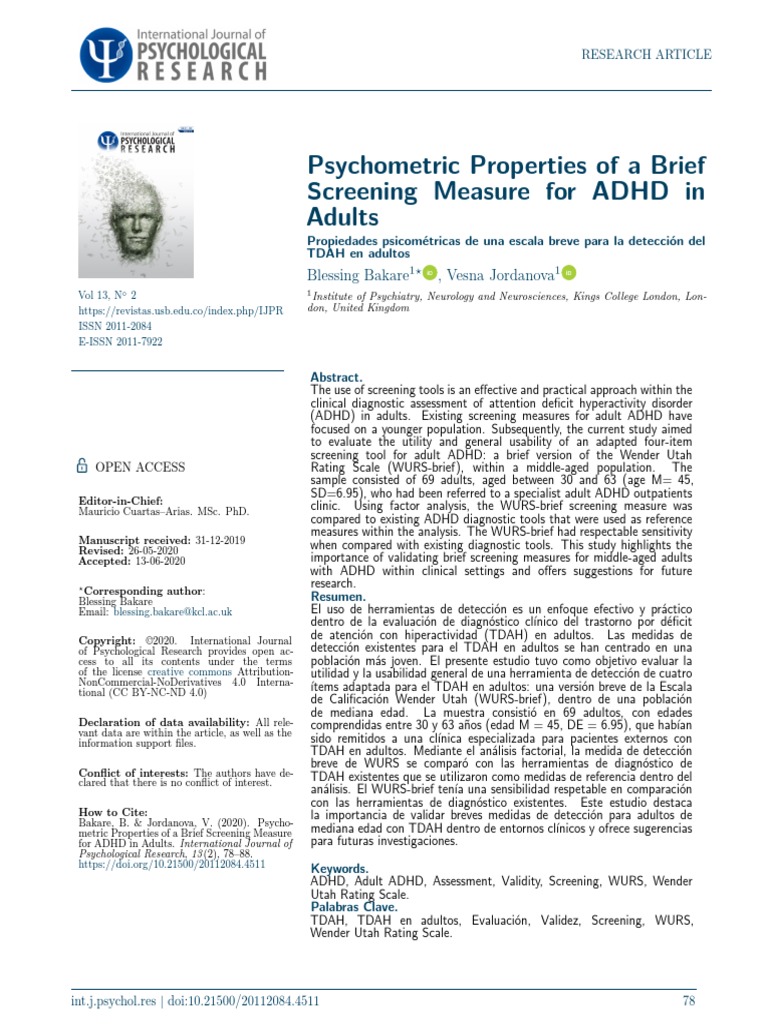 Psychometric Properties of A Brief Screening Measure For ADHD in Adults ...