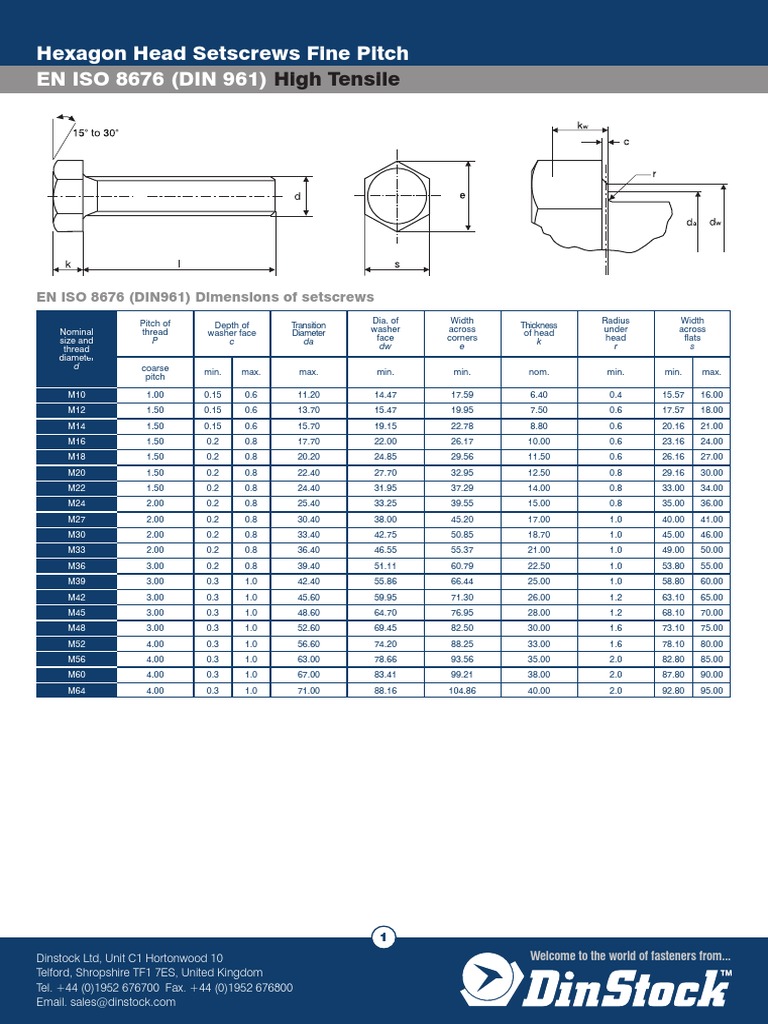 High Tensile: Hexagon Head Setscrews Fine Pitch EN ISO 8676 (DIN 961) | PDF | Metalworking | Screw