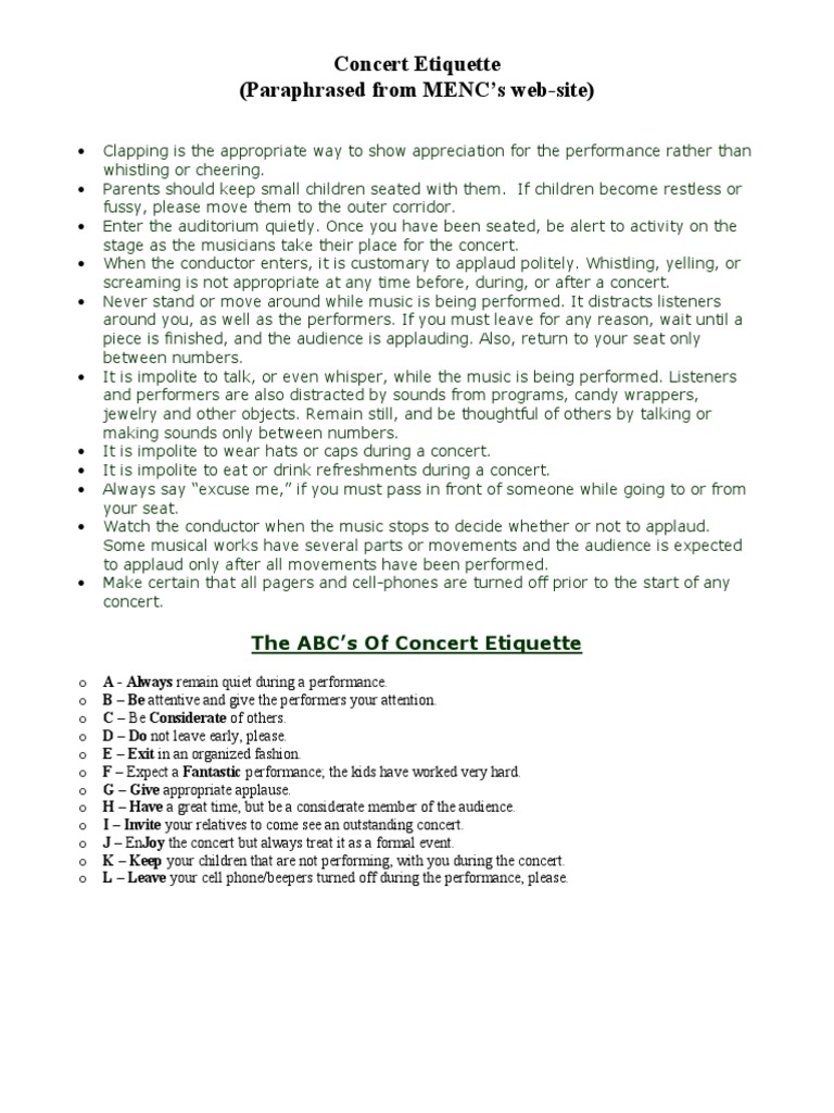 Concert Etiquette PDF | PDF | Performing Arts | Entertainment