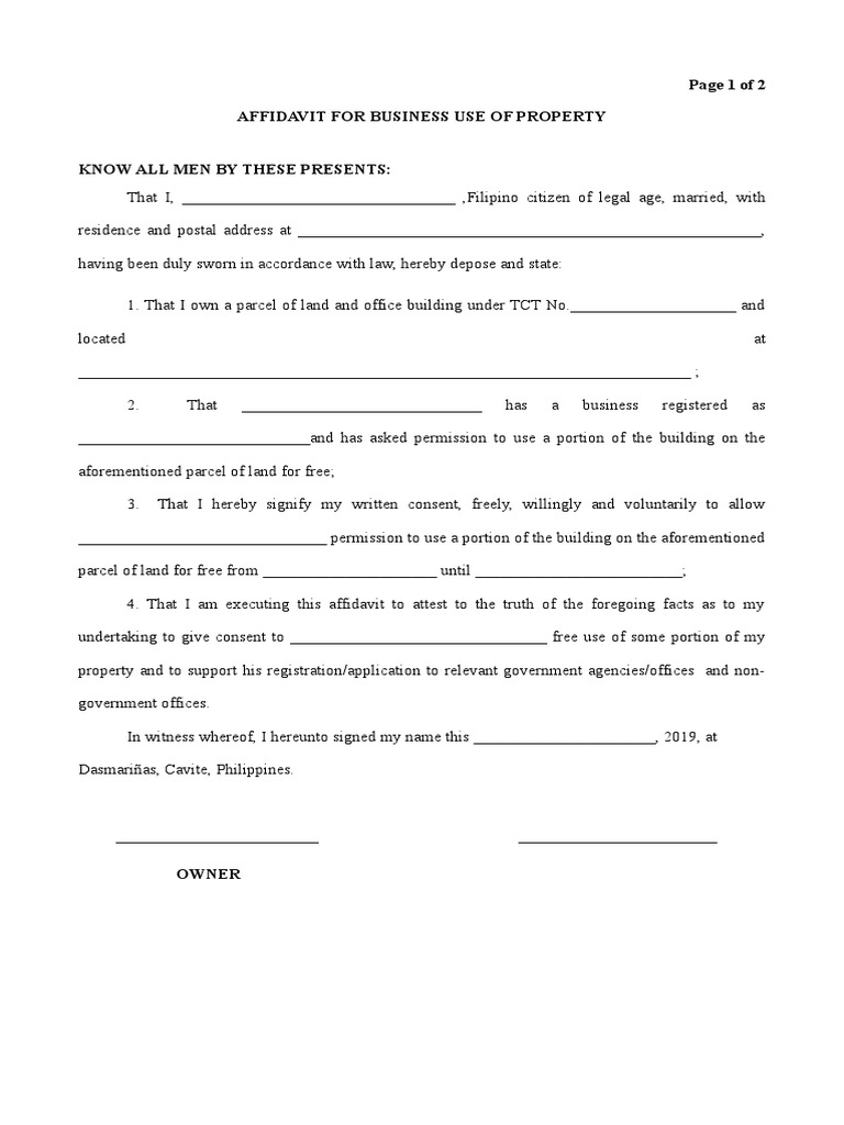 Affidavit For Free Business Use of Property TEMPLATE | PDF | Document ...