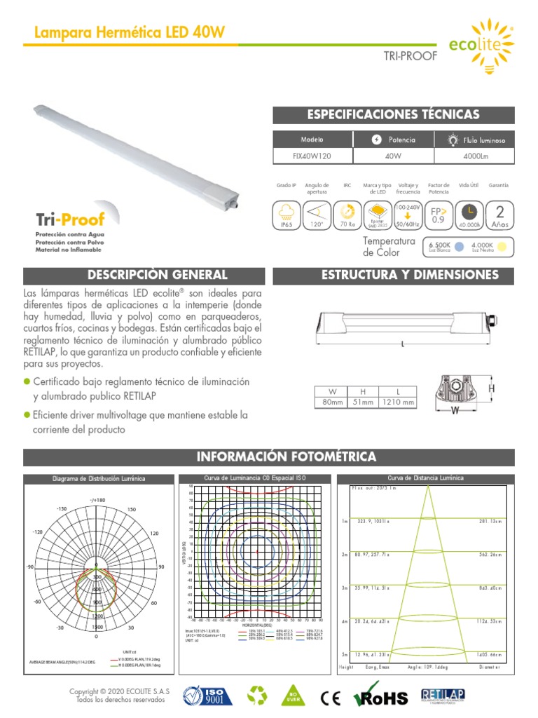 Ficha Tecnica Lampra Hermetica 40W | PDF | Diodo emisor de luz | Encendiendo