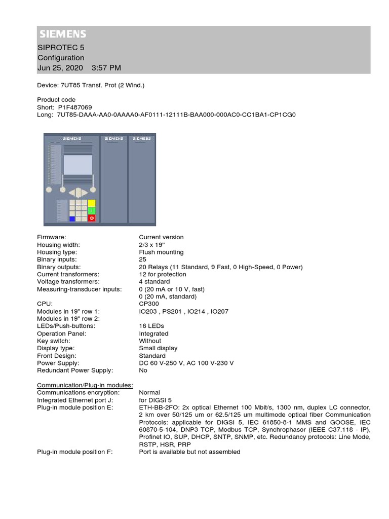 SIPROTEC 5 Configuration Device: 7UT85 Transf. Prot (2 Wind | PDF ...