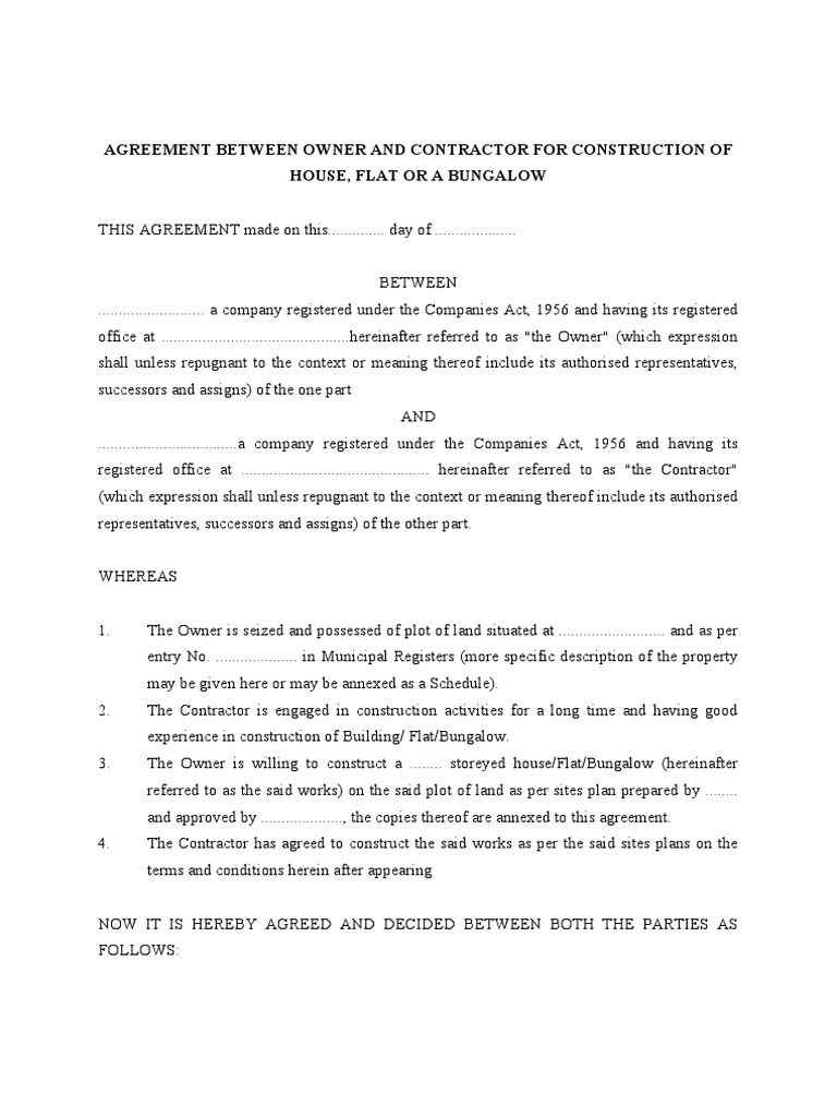Agreement Between Owner and Contractor For Construction of House, Flat ...