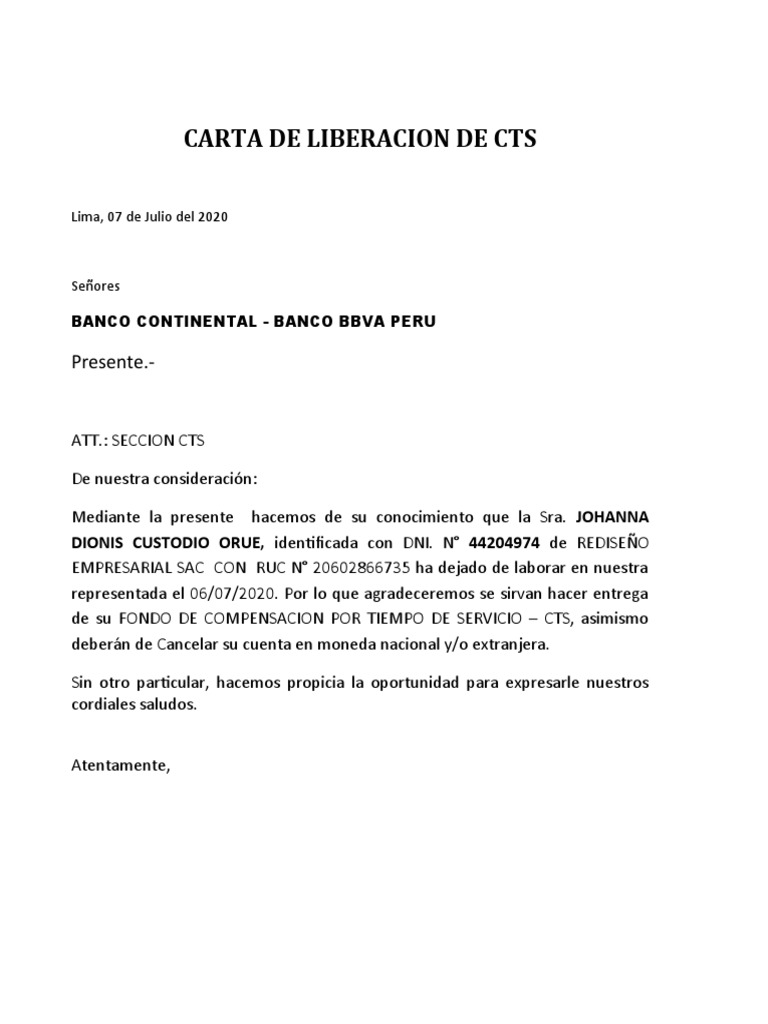 Carta de Liberacion de Cts | PDF