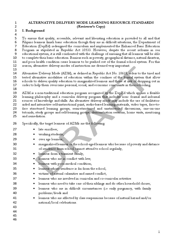 Alternative Delivery Mode Learning Resource Standards (Reviewer's Copy ...