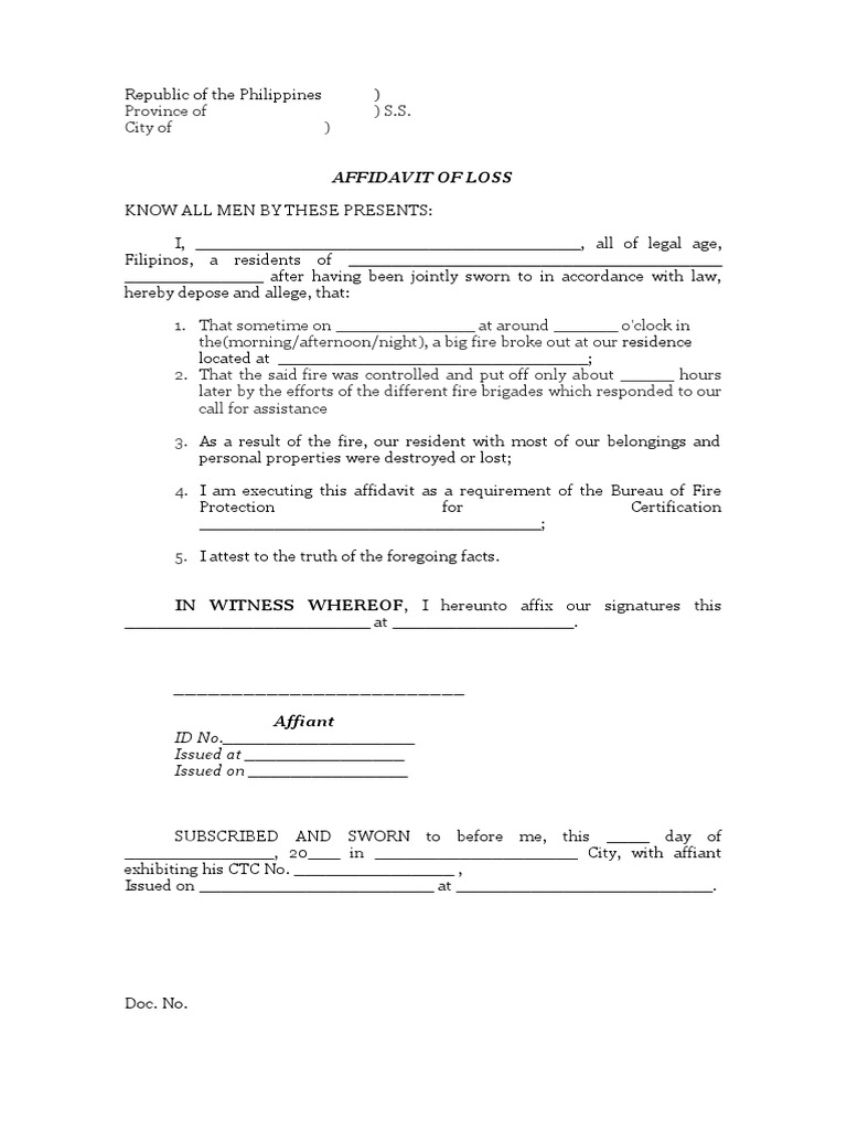 Affidavit of Loss Due To Fire | PDF