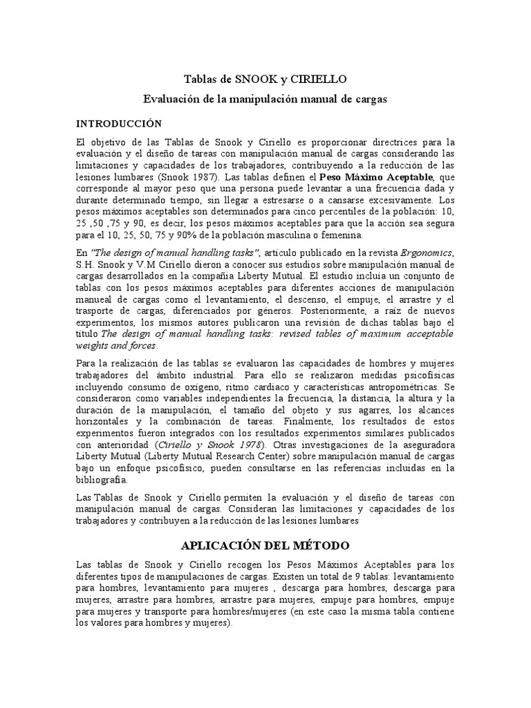 Tablas Snook y Ciriello para Cargas Seguras | PDF | Science | Salud y ...