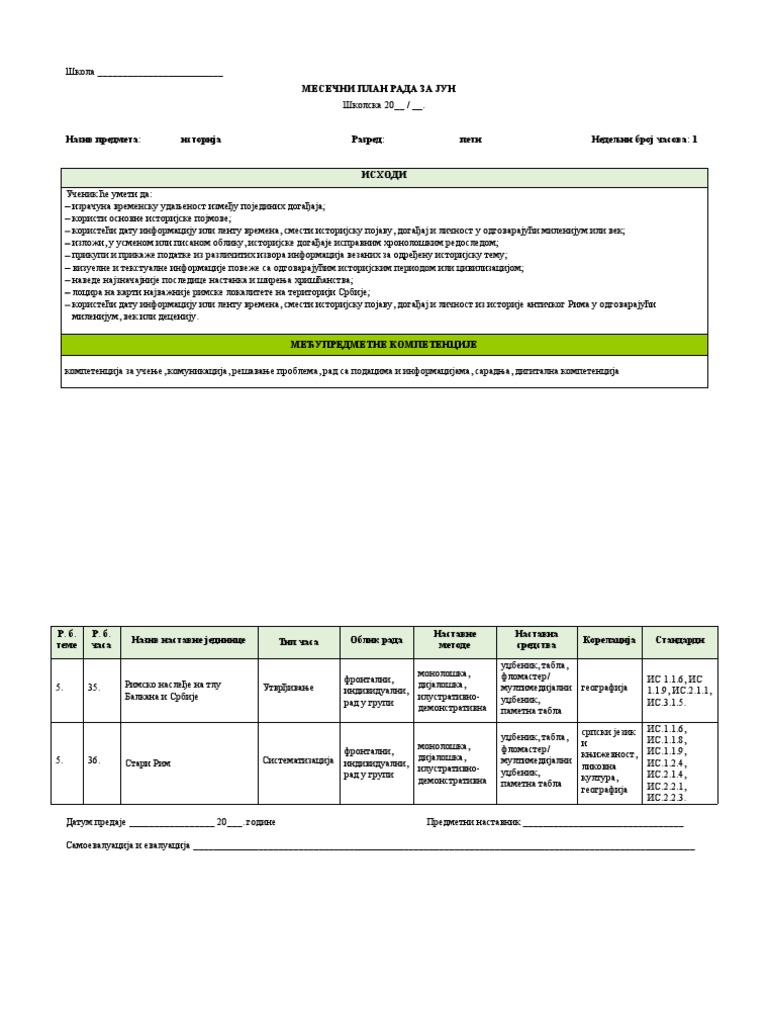 Mesecni Plan Rada, Istorija 5, Jun | PDF