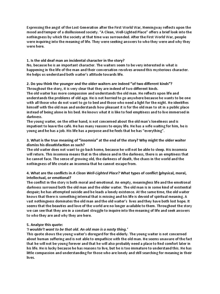 Themes in Hemingway's "A Clean, Well-Lighted Place" | PDF | Prayer ...