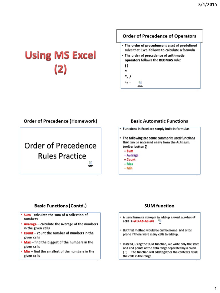 Order of Precedence Rules Practice | PDF | Microsoft Excel | Computing