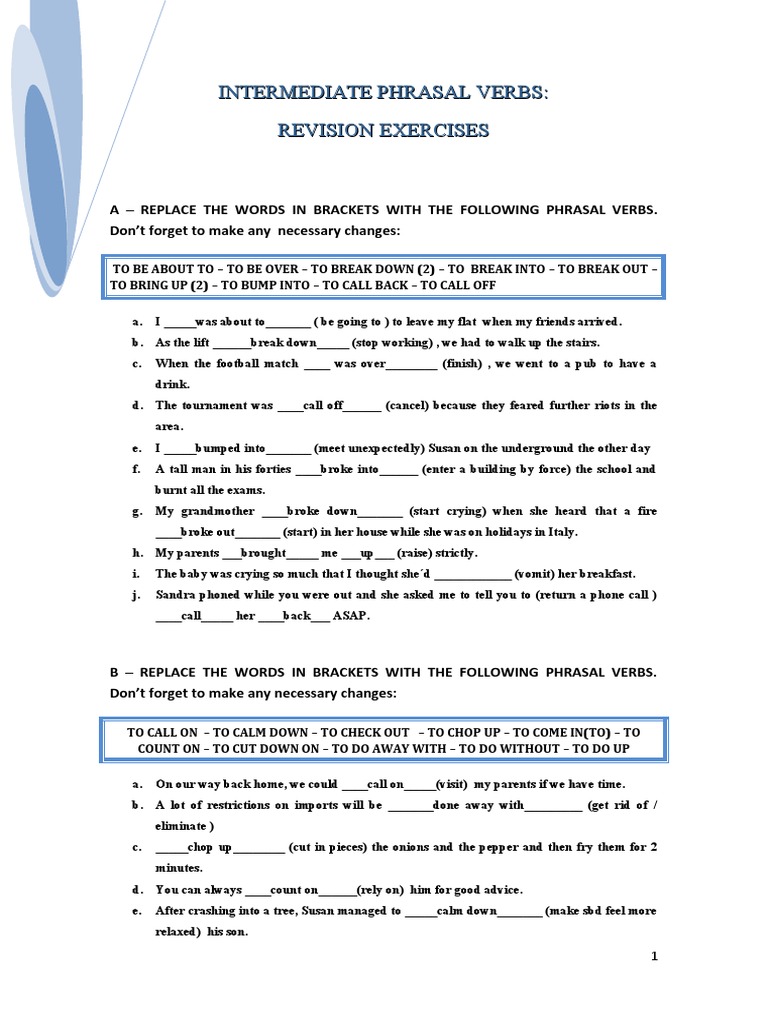 Intermediate Phrasal Verbs: Revision Exercises | PDF