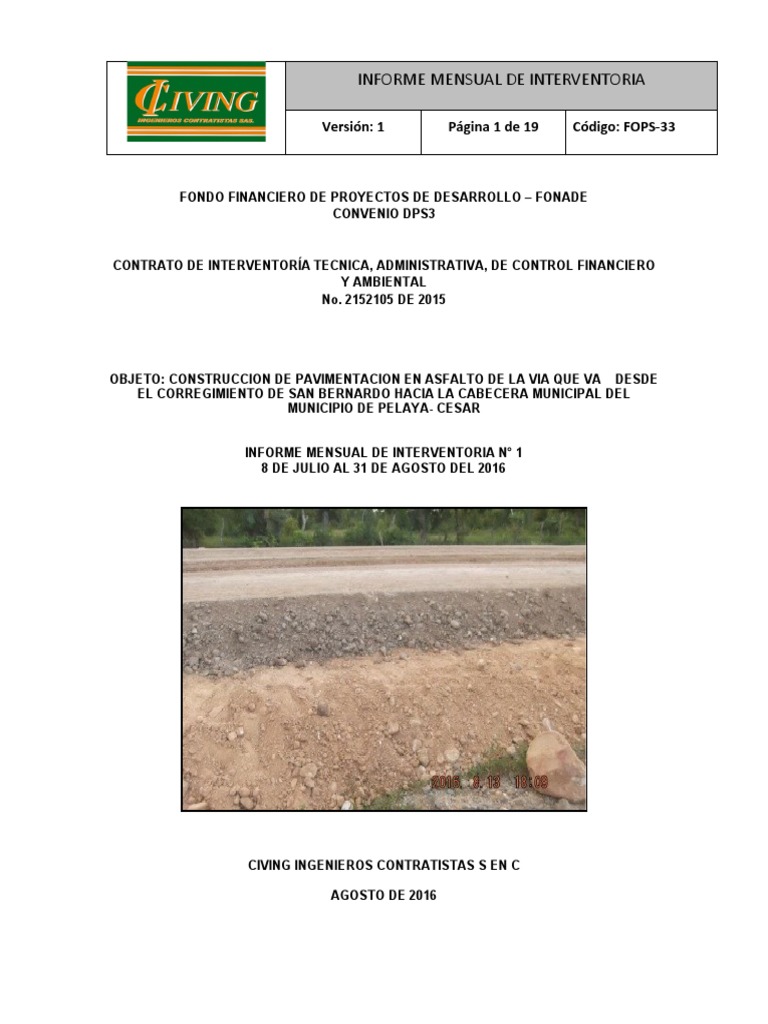 Informe Mensual Interventoría Pelaya 2016 | PDF